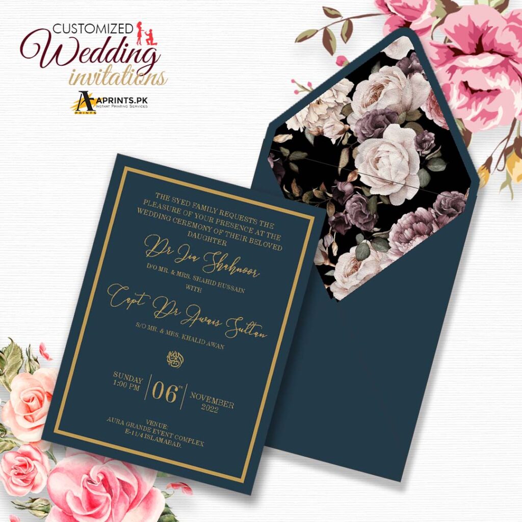 Dark Blue Classic Gold Wedding Card | Shadi Card - Aprints.pk